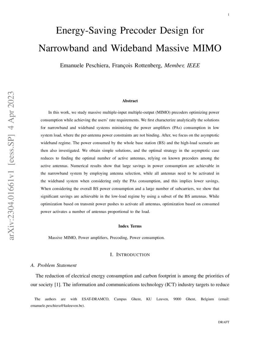 Energy Saving Precoder Design For Narrowband And Wideband Massive Mimo Deepai