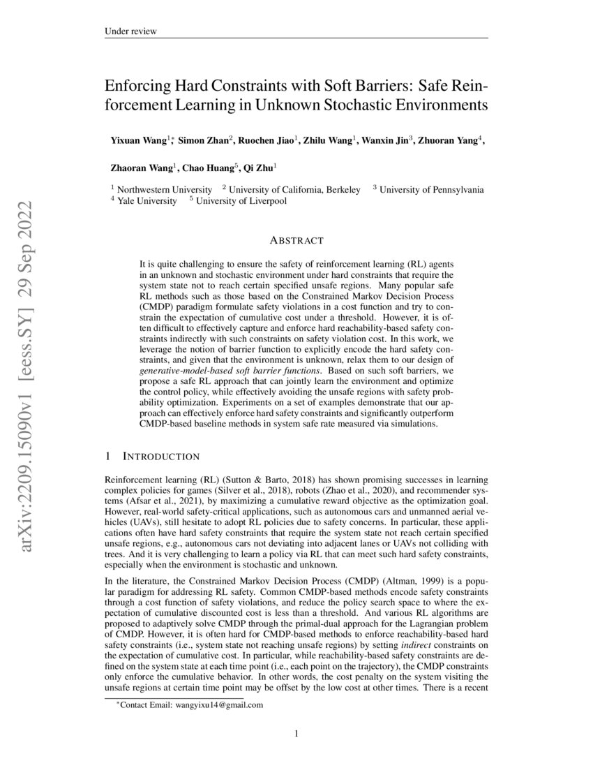 Enforcing Hard Constraints with Soft Barriers: Safe Reinforcement Learning in Unknown Stochastic ...