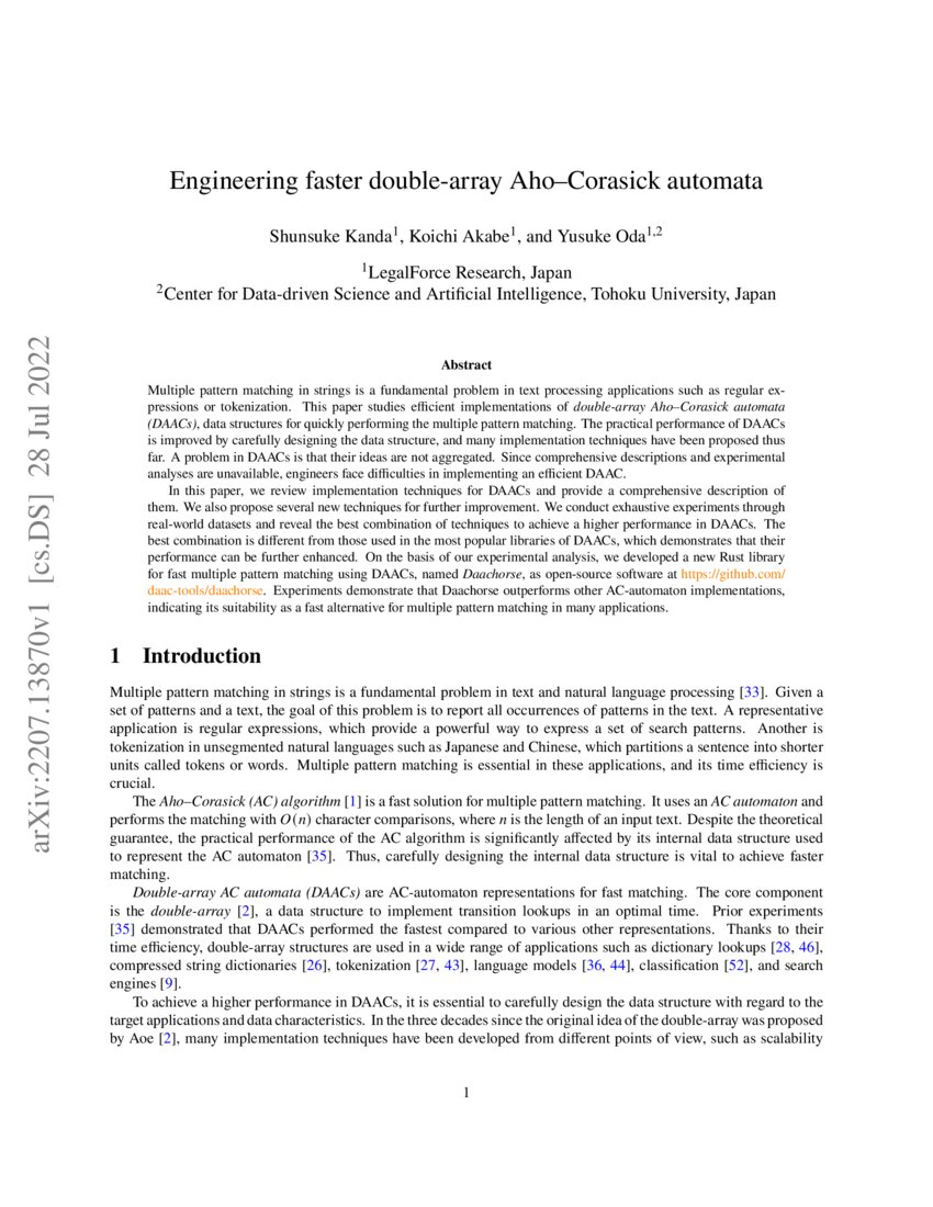 Engineering Faster Double Array Aho Corasick Automata Deepai 