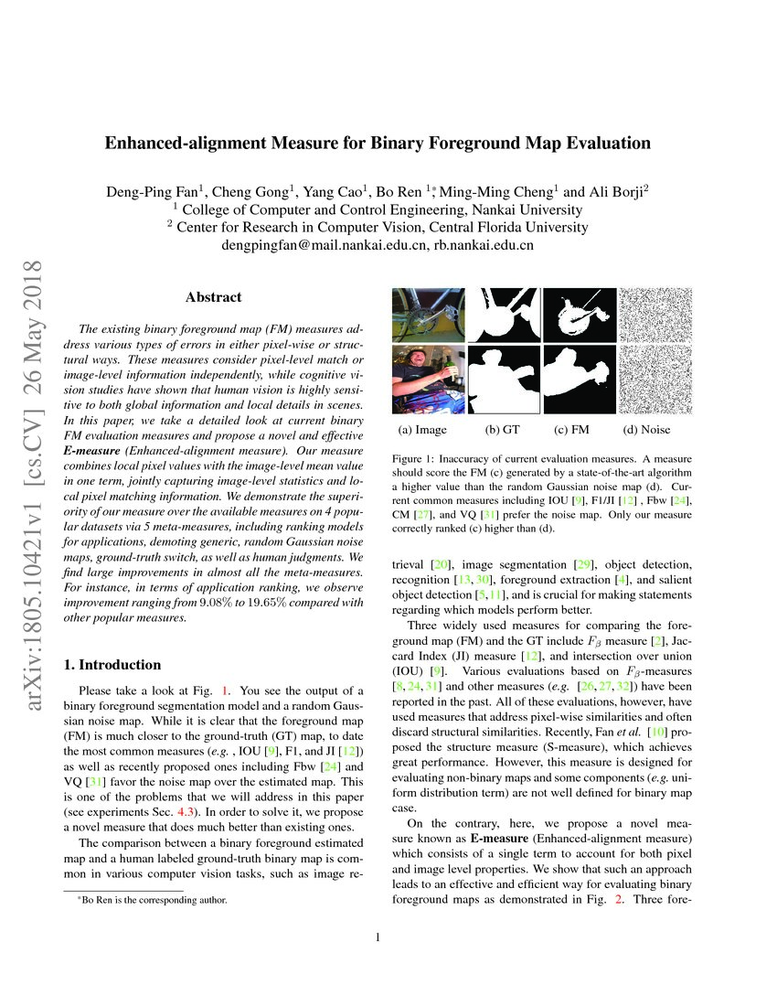 Enhanced-alignment Measure for Binary Foreground Map Evaluation | DeepAI