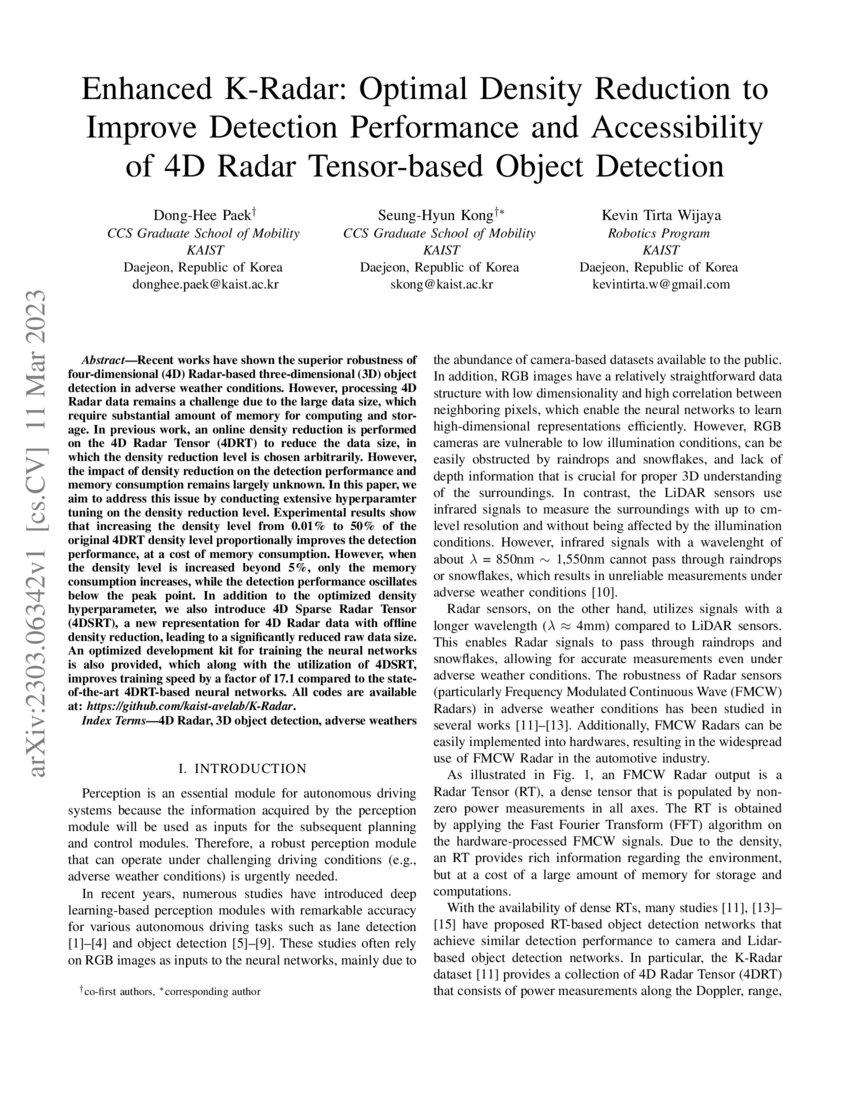 Enhanced K Radar Optimal Density Reduction To Improve Detection Performance And Accessibility