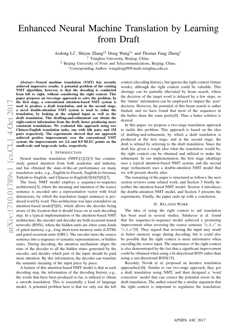 Enhanced Neural Machine Translation by Learning from Draft | DeepAI