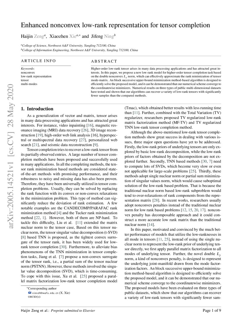 Enhanced nonconvex low-rank representation for tensor completion | DeepAI Enhanced nonconvex low-rank representation for tensor completion | DeepAI