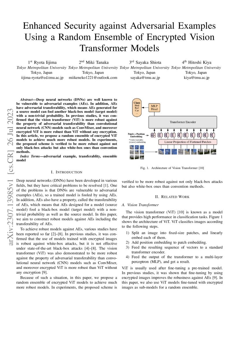 Enhanced Security against Adversarial Examples Using a Random Ensemble of Encrypted Vision ...