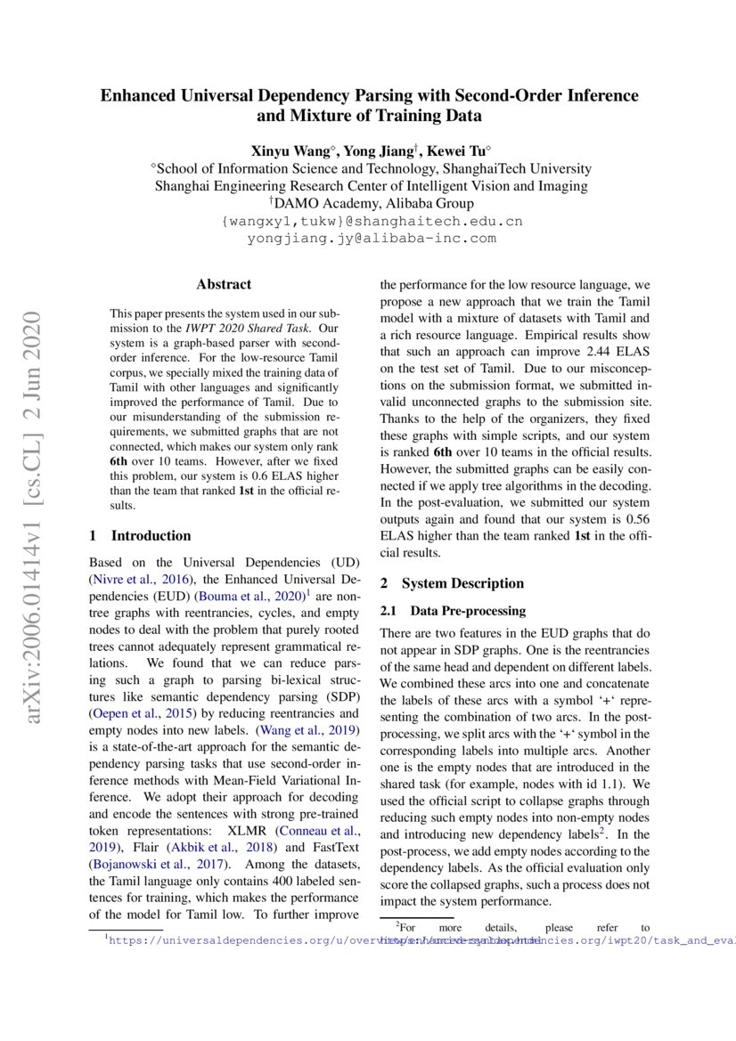 Enhanced Universal Dependency Parsing With Second Order Inference And Mixture Of Training Data