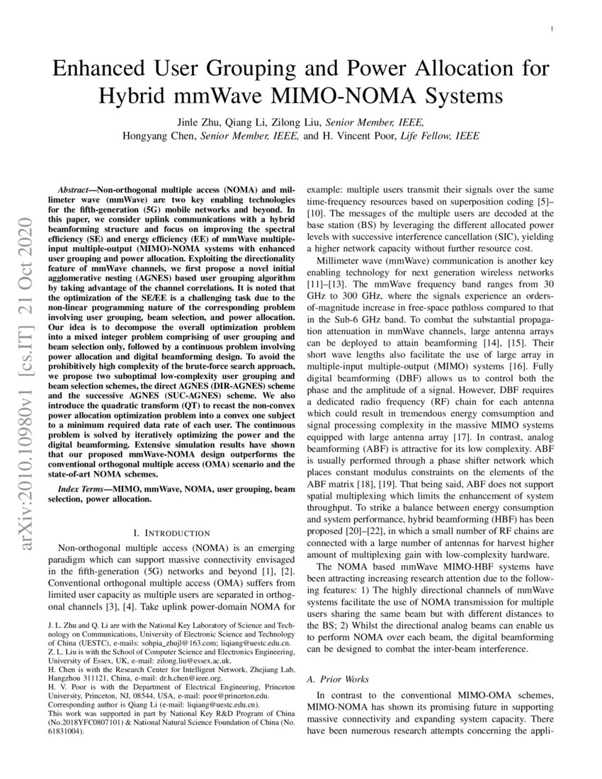 Enhanced User Grouping and Power Allocation for Hybrid mmWave MIMO-NOMA systems | DeepAI