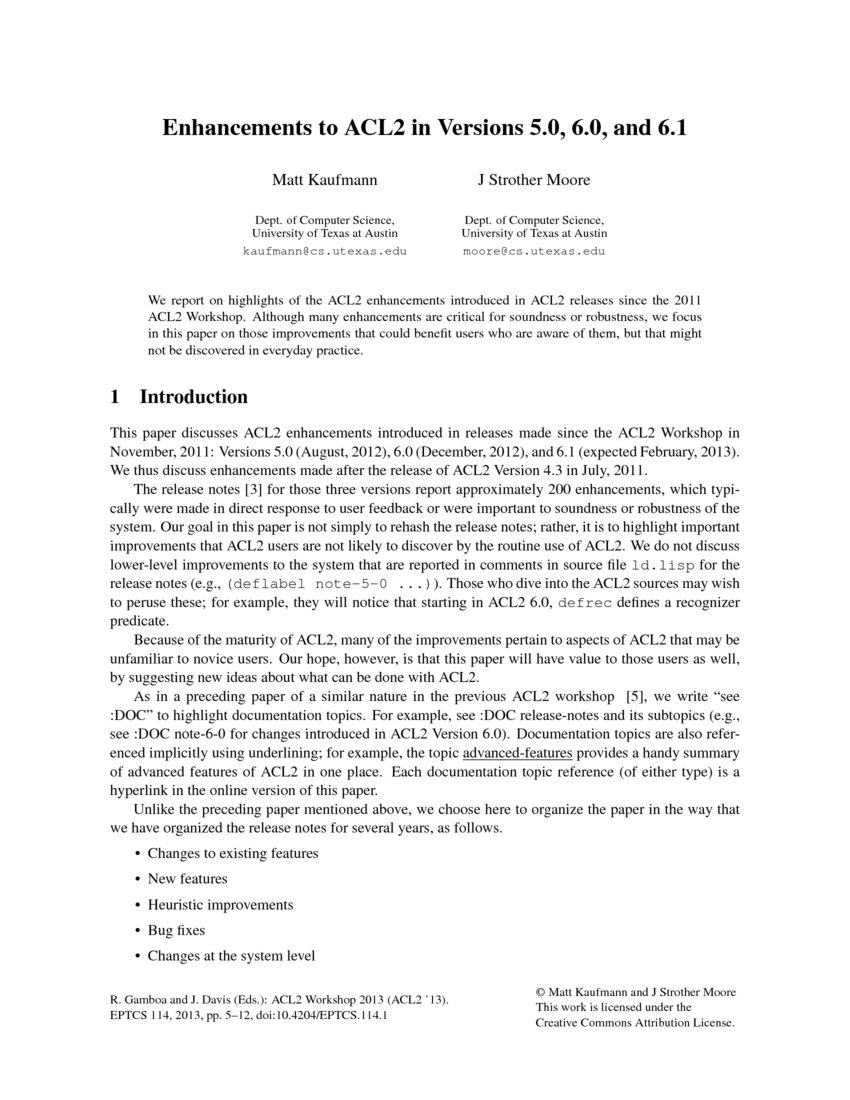 Enhancements to ACL2 in Versions 5.0, 6.0, and 6.1 | DeepAI