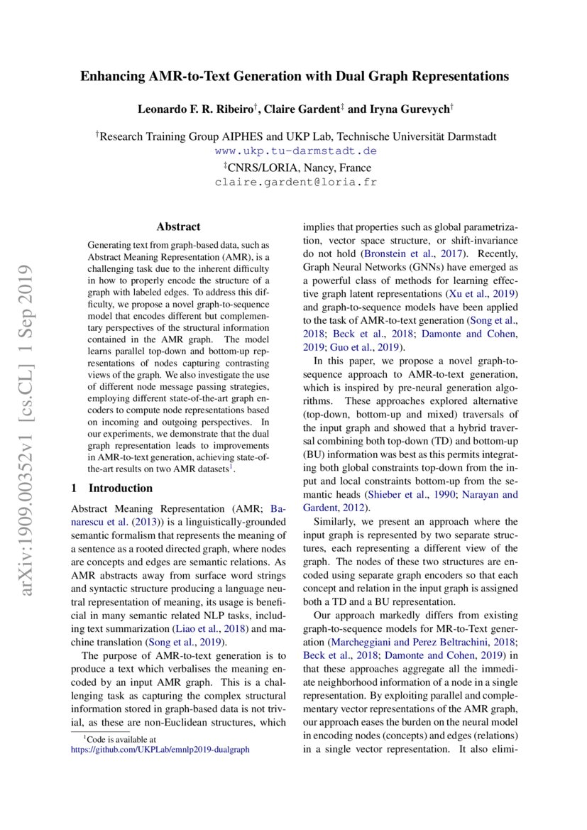 Enhancing AMR-to-Text Generation with Dual Graph Representations | DeepAI