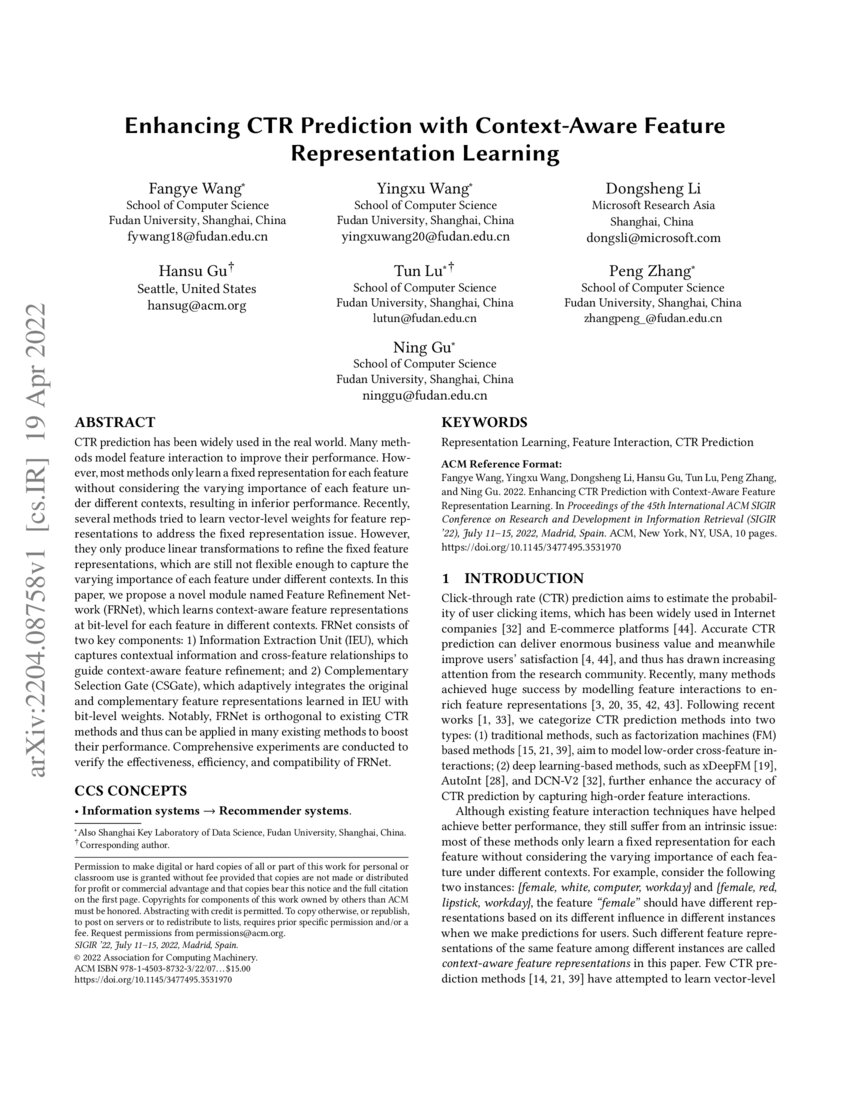 Enhancing CTR Prediction with Context-Aware Feature Representation ...