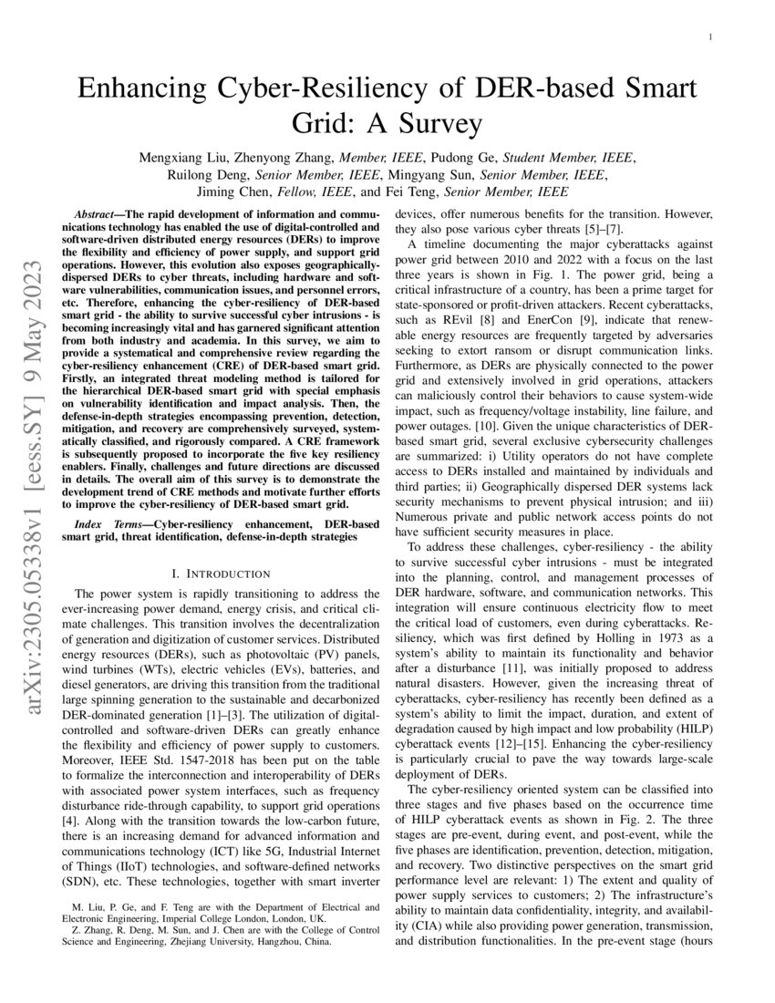 Enhancing Cyber Resiliency Of Der Based Smartgrid A Survey Deepai