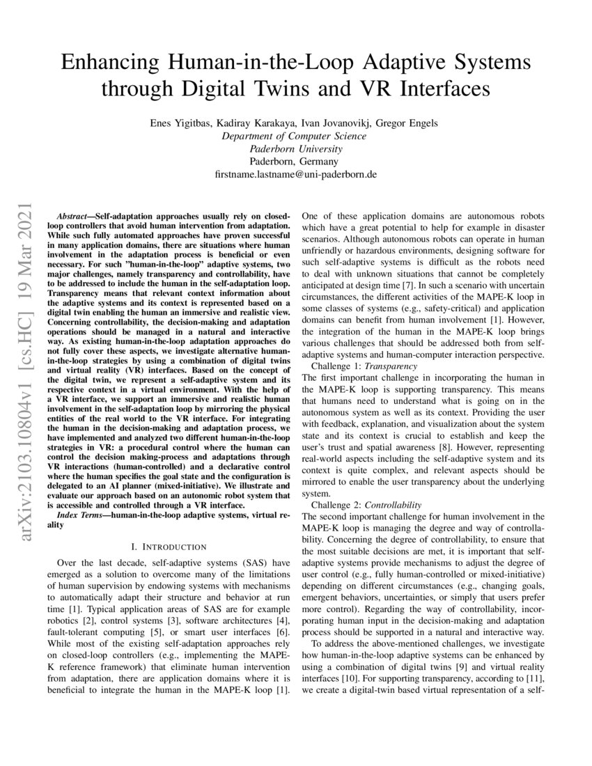 Enhancing Human-in-the-Loop Adaptive Systems through Digital Twins and VR Interfaces | DeepAI