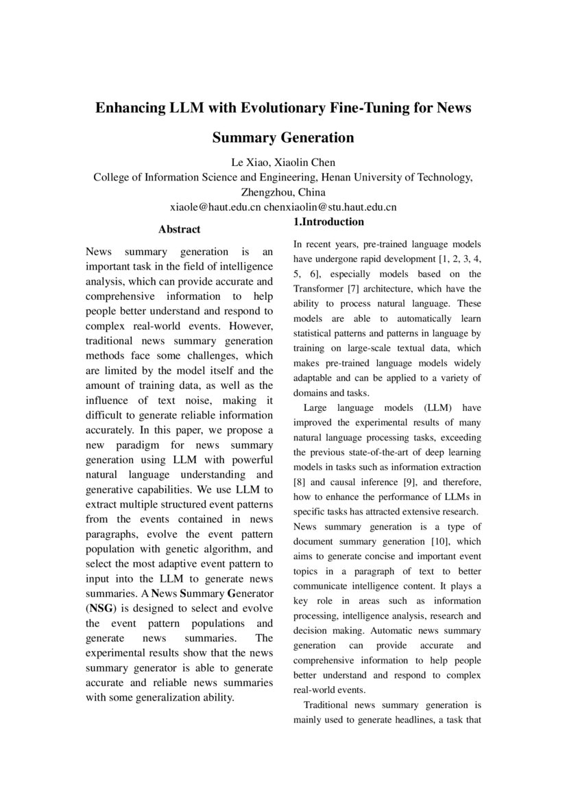 Enhancing LLM with Evolutionary Fine Tuning for News Summary Generation ...