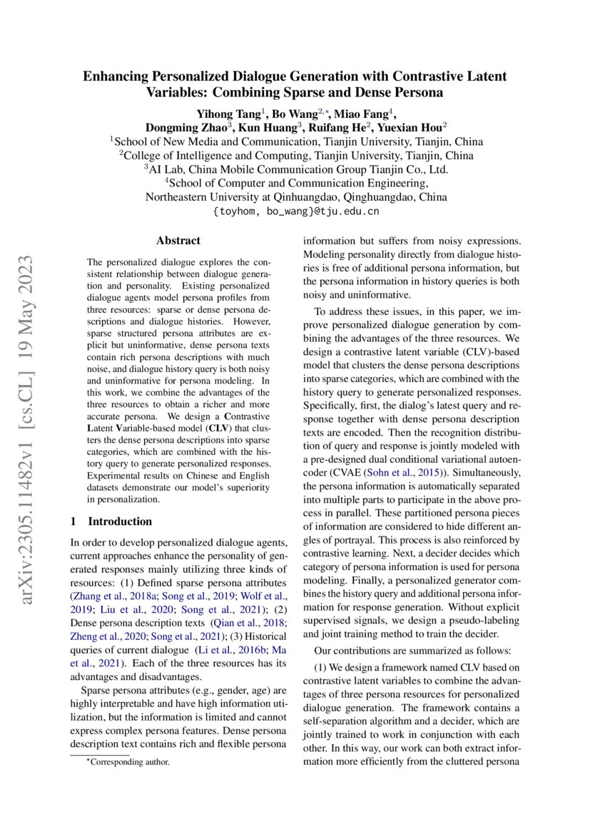 Enhancing Personalized Dialogue Generation With Contrastive Latent