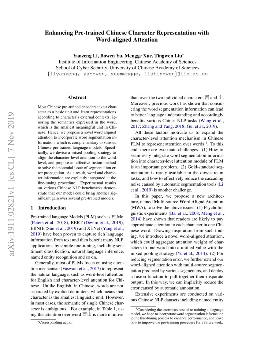 Enhancing Pre-trained Chinese Character Representation with Word-aligned Attention | DeepAI