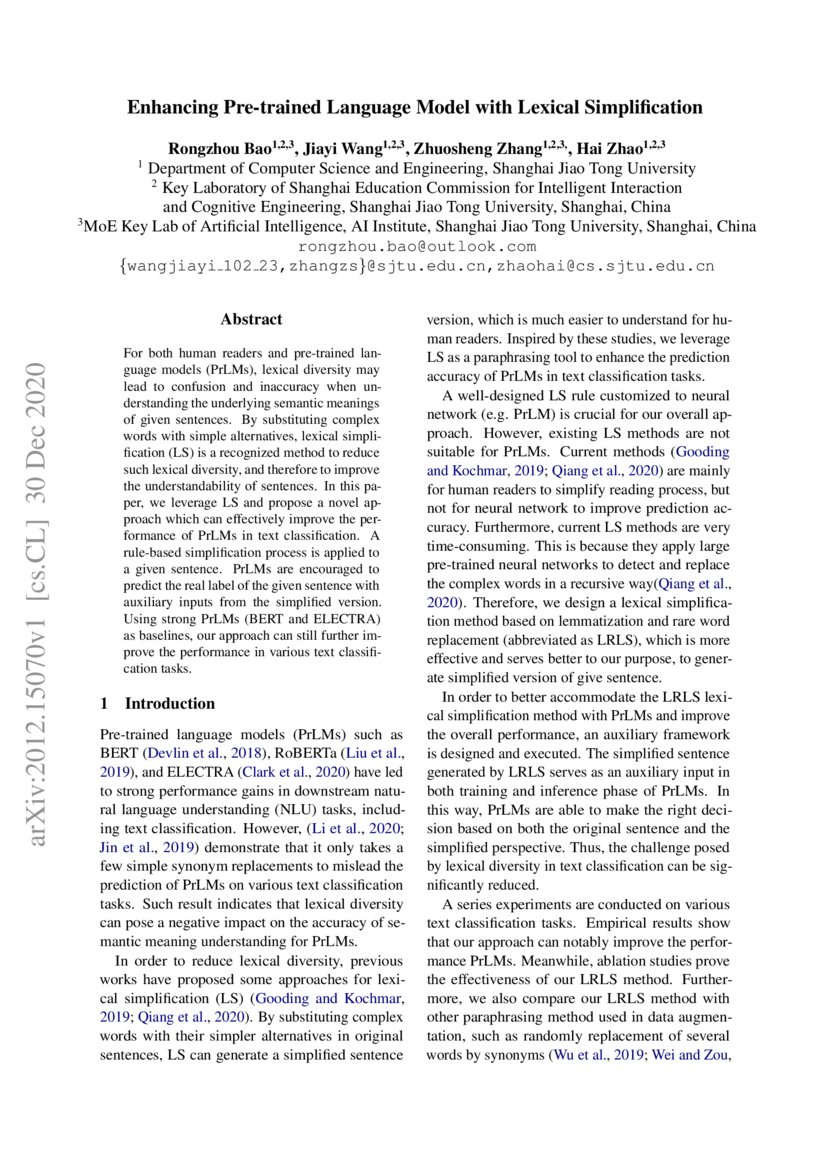 Enhancing Pre-trained Language Model with Lexical Simplification | DeepAI