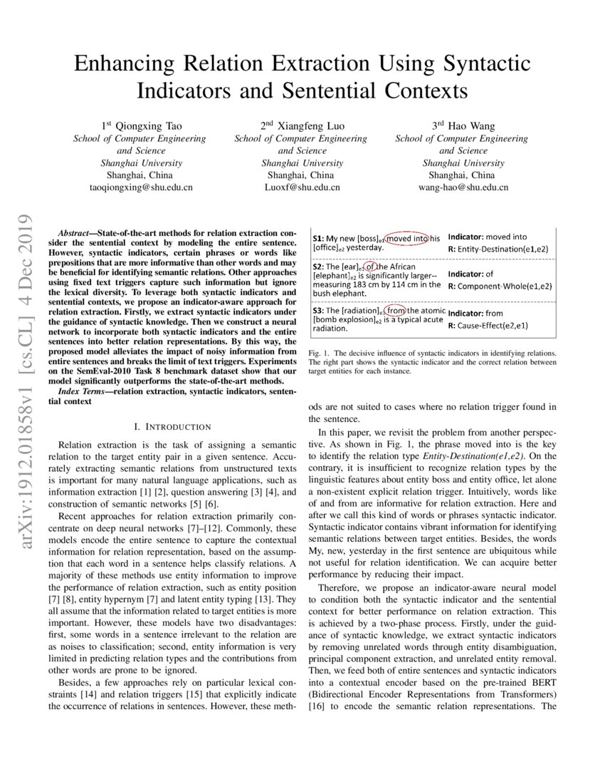 Enhancing Relation Extraction Using Syntactic Indicators And Sentential