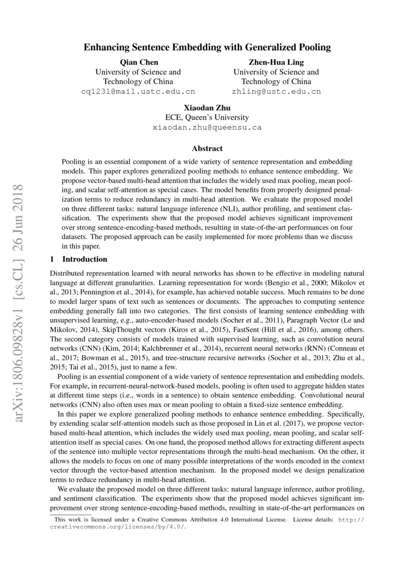 Enhancing Sentence Embedding with Generalized Pooling | DeepAI