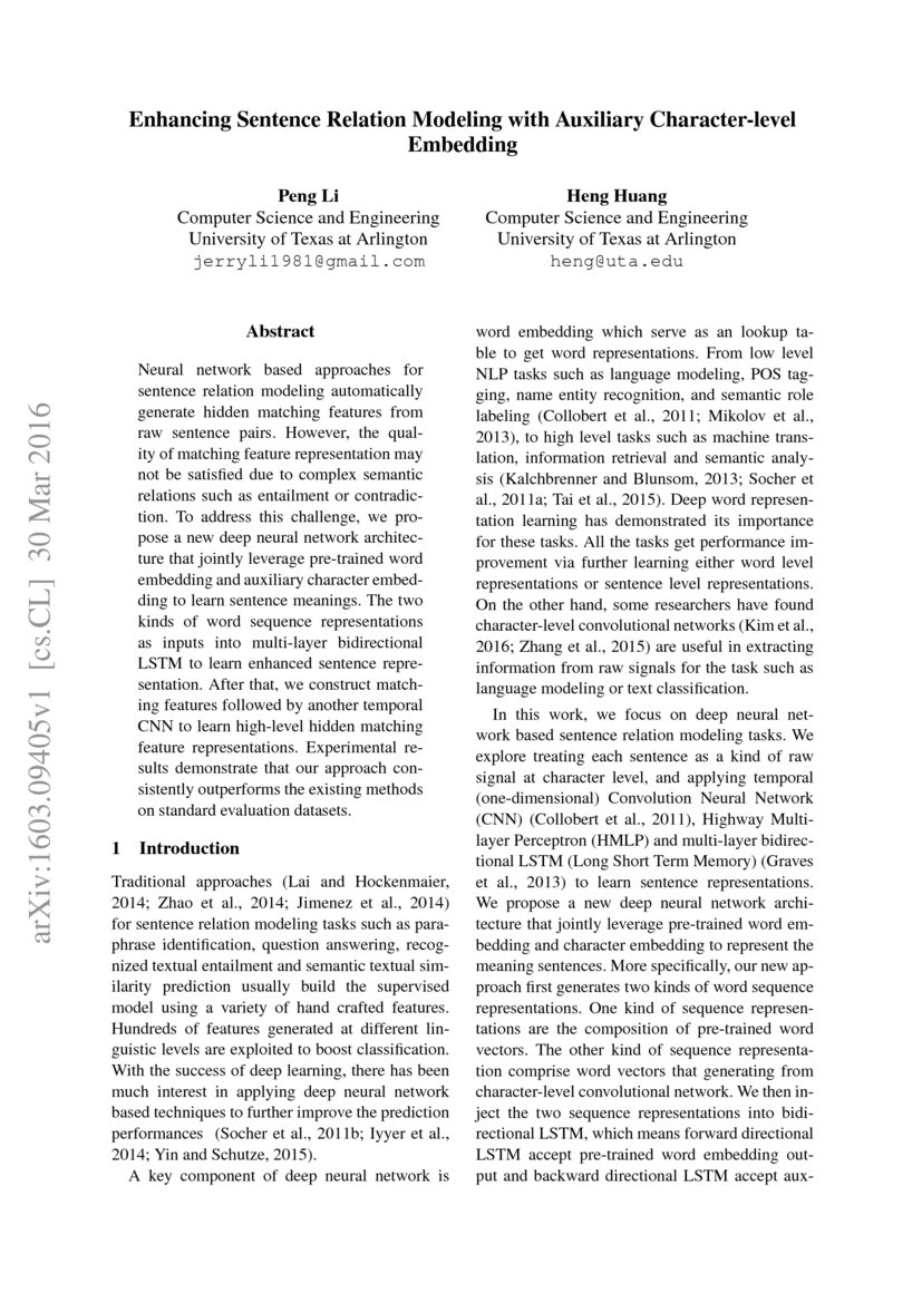 Enhancing Sentence Relation Modeling With Auxiliary Character Level Embedding Deepai 4293