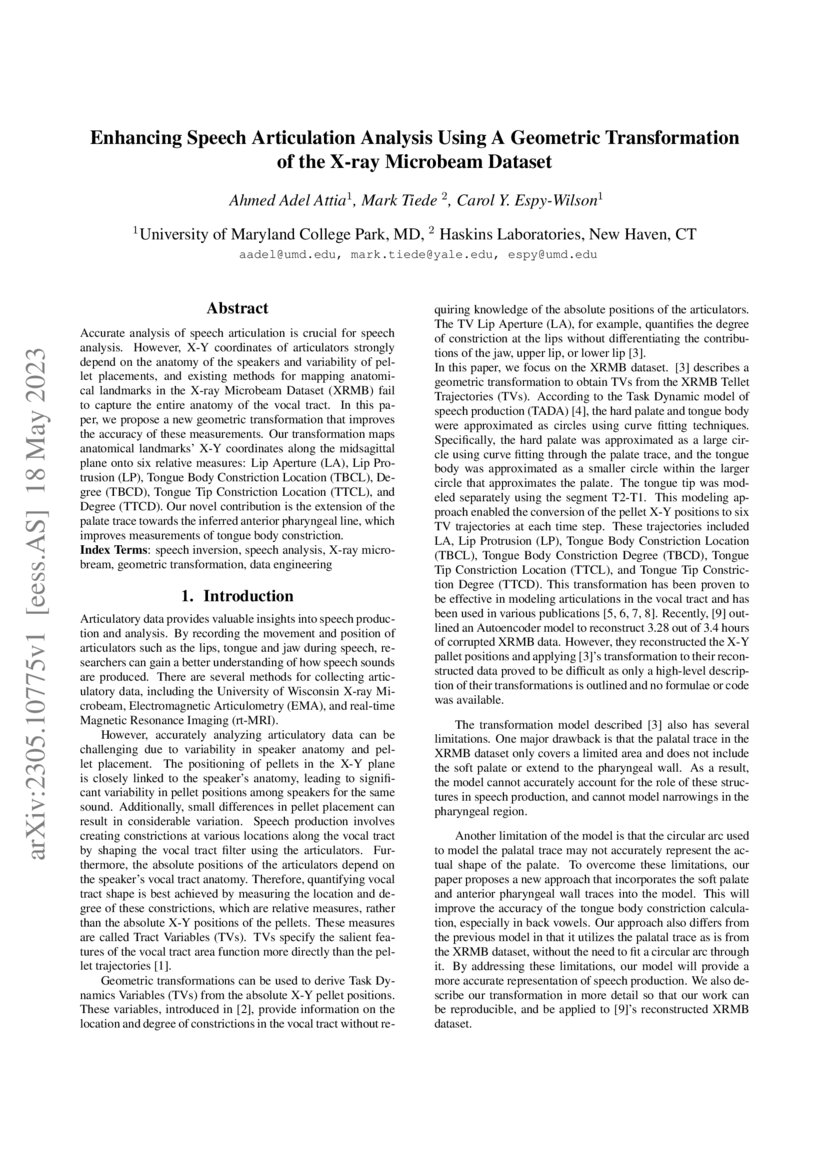 Enhancing Speech Articulation Analysis using a Geometric Transformation ...