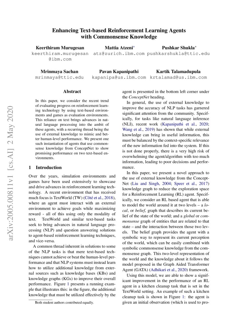 Enhancing Text-based Reinforcement Learning Agents with Commonsense Knowledge | DeepAI