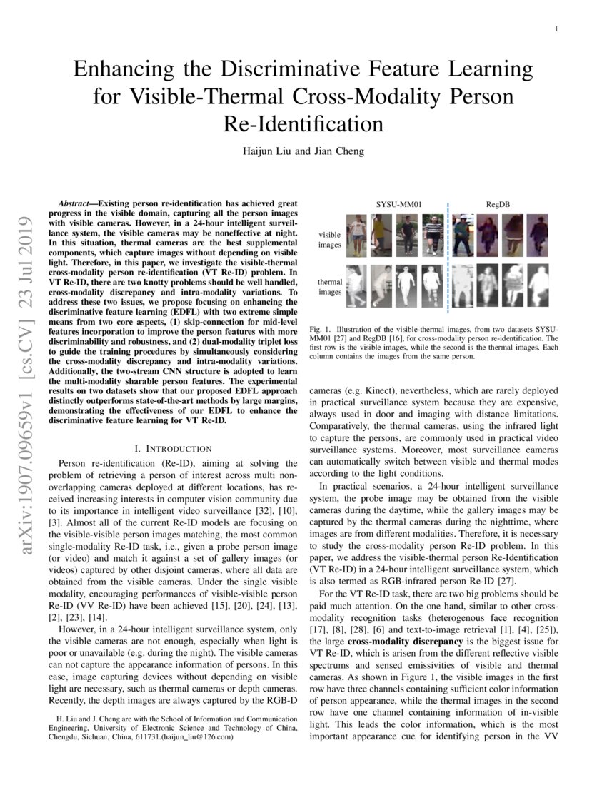 Enhancing the Discriminative Feature Learning for Visible-Thermal Cross-Modality Person Re ...