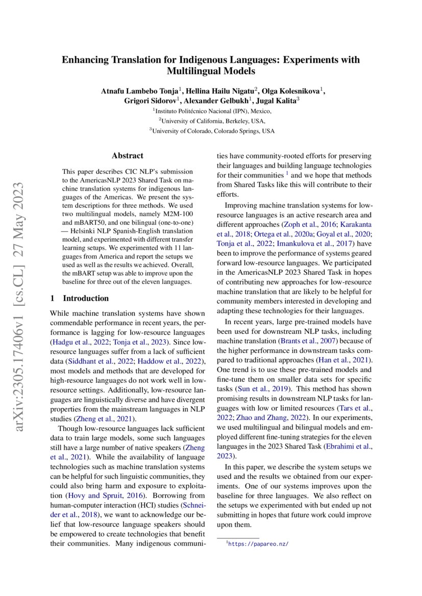 Enhancing Translation for Indigenous Languages: Experiments with ...