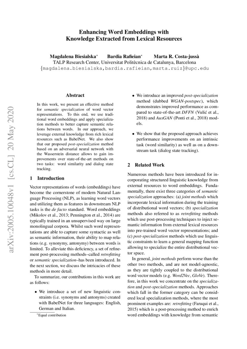 Enhancing Word Embeddings with Knowledge Extracted from Lexical Resources | DeepAI