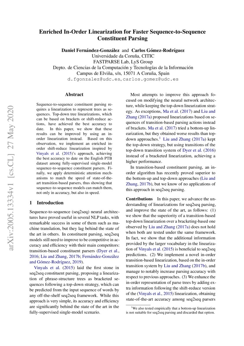 Enriched In-Order Linearization for Faster Sequence-to-Sequence Constituent Parsing | DeepAI