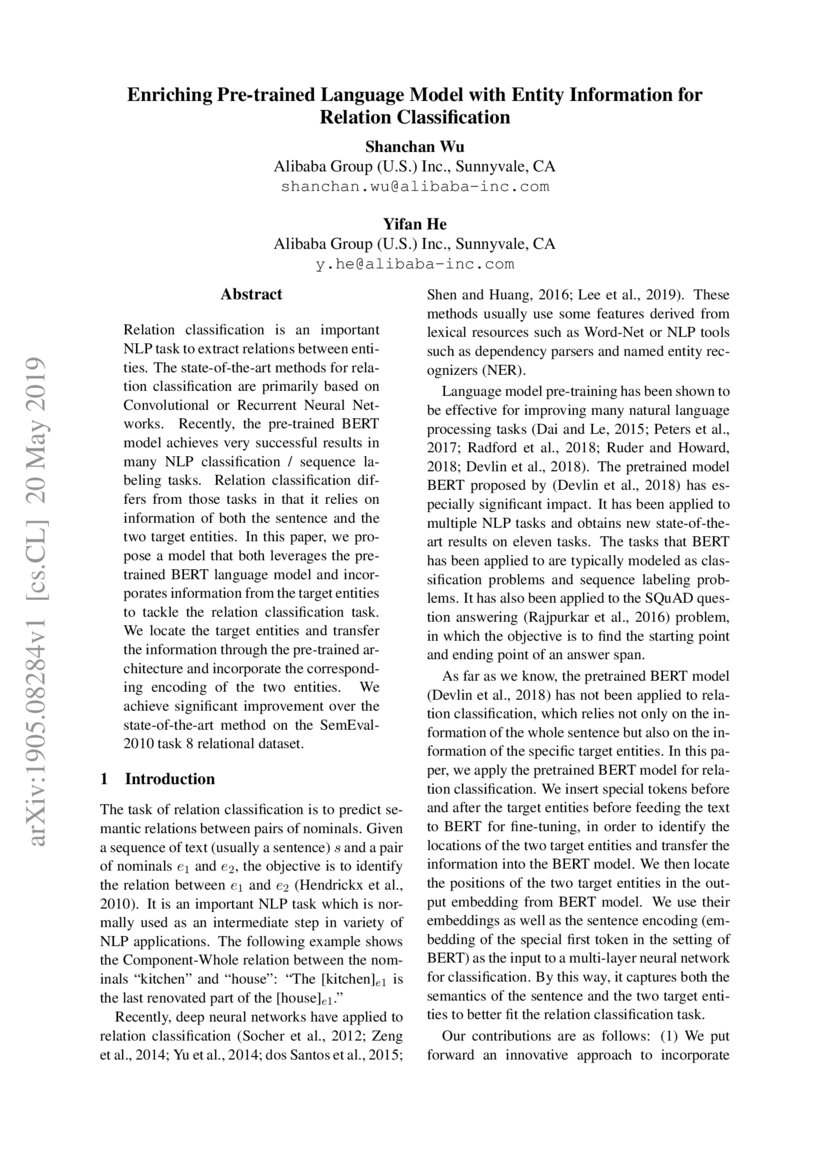 Enriching Pre Trained Language Model With Entity Information For Relation Classification Deepai