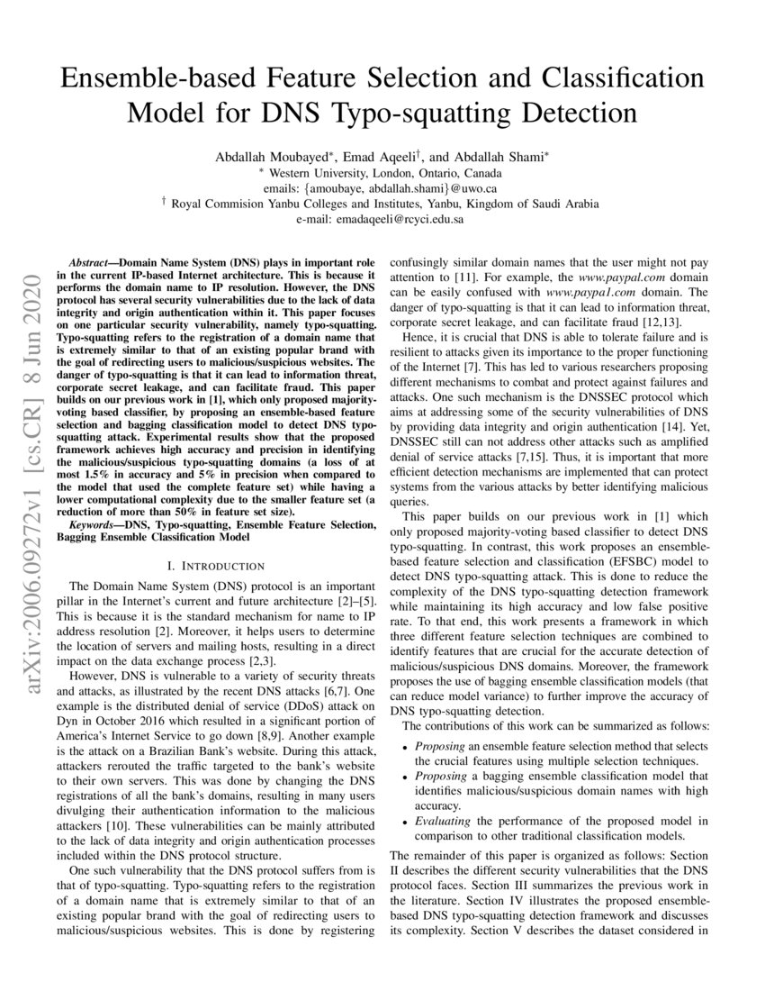 Ensemble Based Feature Selection And Classification Model For Dns Typo Squatting Detection Deepai