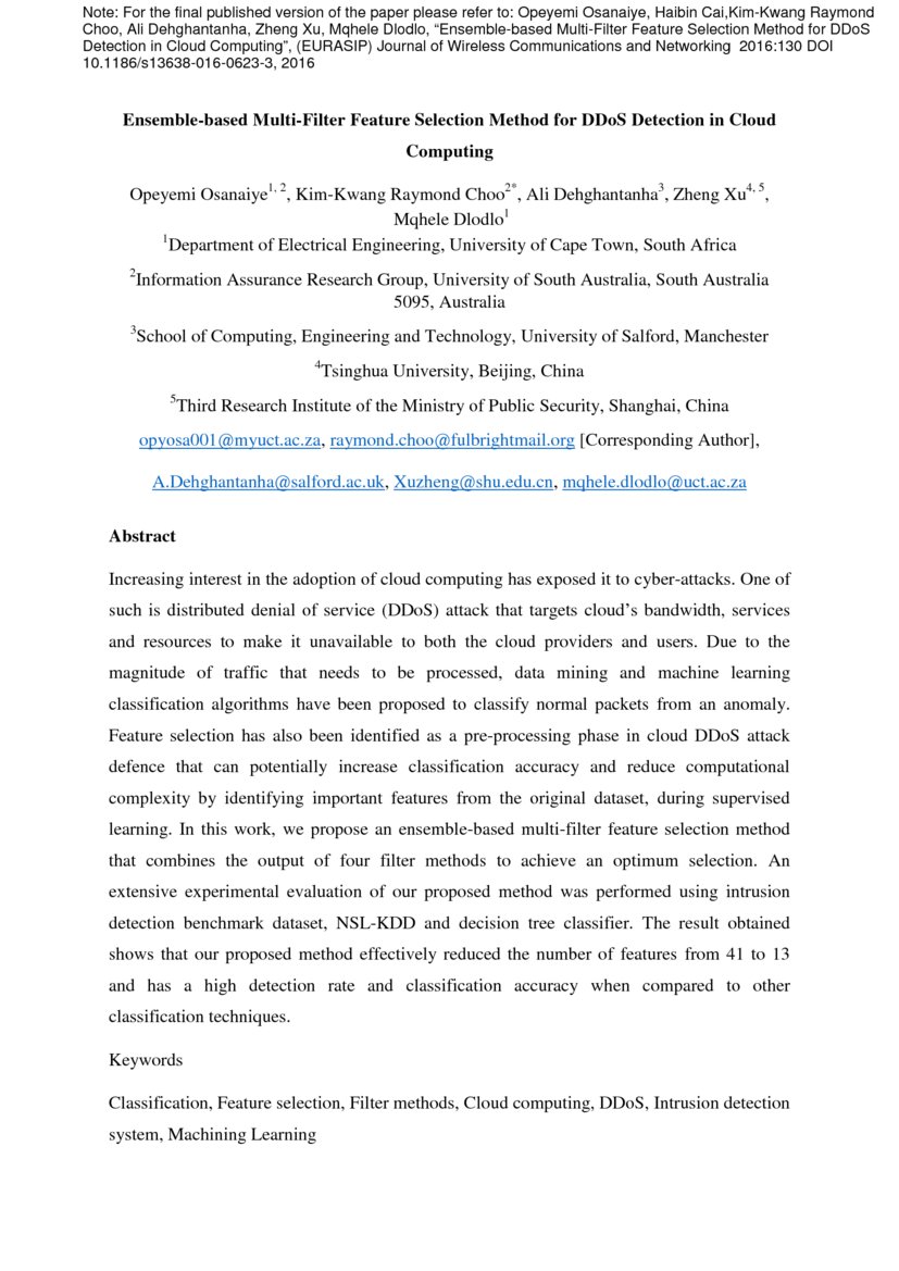 Ensemble Based Multi Filter Feature Selection Method For Ddos Detection In Cloud Computing Deepai