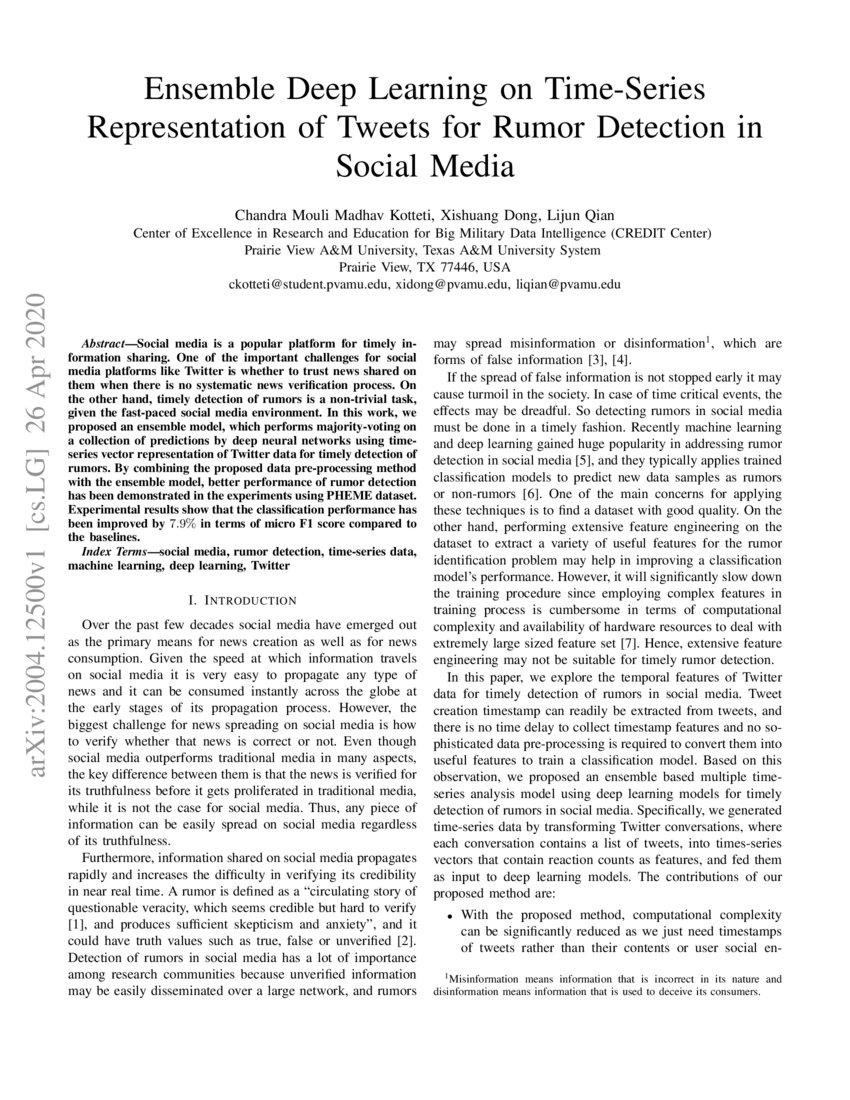 Ensemble Deep Learning On Time Series Representation Of Tweets For Rumor Detection In Social