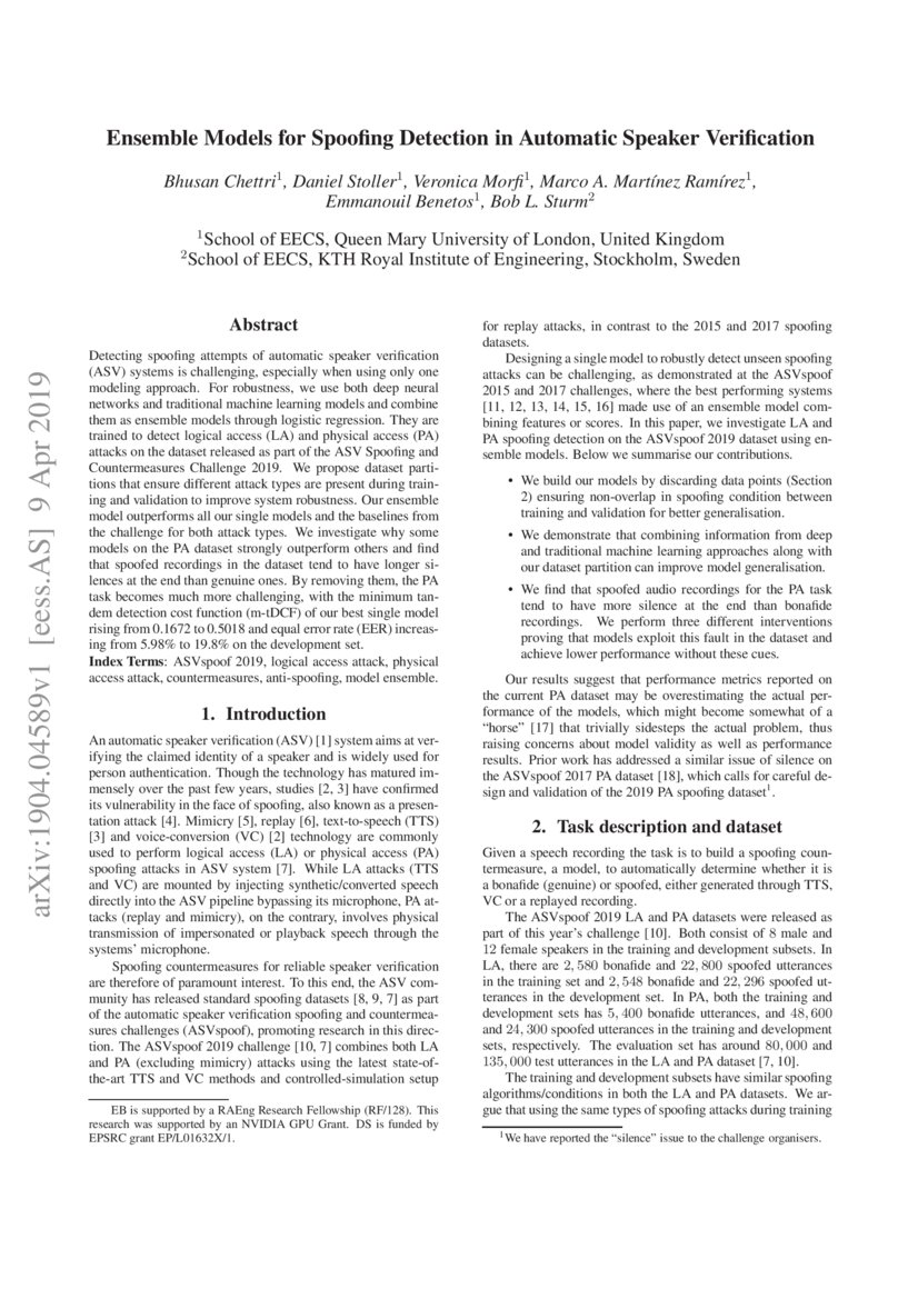 Ensemble Models For Spoofing Detection In Automatic Speaker Verification Deepai