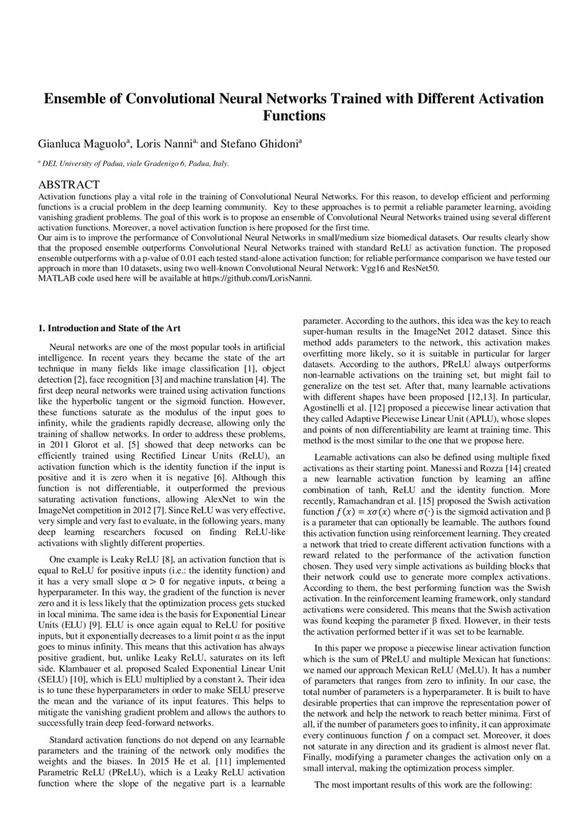 Ensemble Of Convolutional Neural Networks Trained With Different Activation Functions Deepai