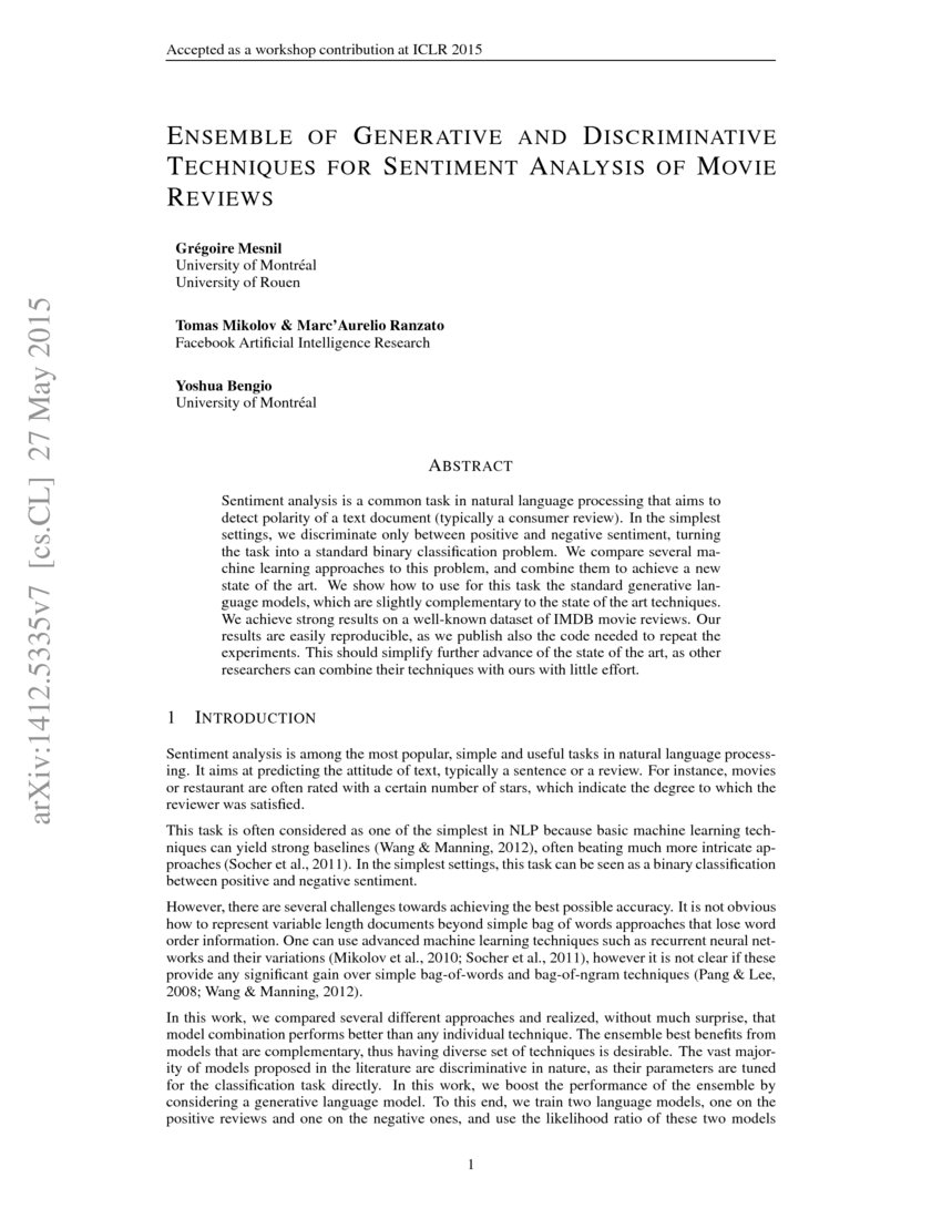 Ensemble of Generative and Discriminative Techniques for Sentiment Analysis of Movie Reviews ...