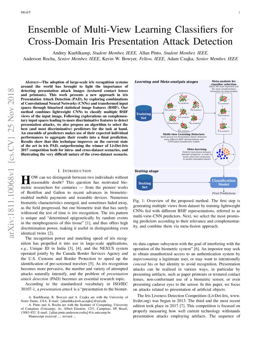 Ensemble Of Multi View Learning Classifiers For Cross Domain Iris Presentation Attack Detection