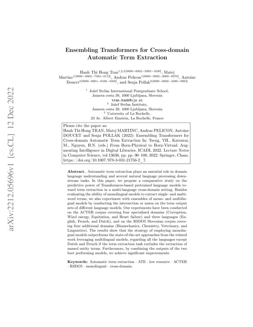 Ensembling Transformers For Cross Domain Automatic Term Extraction Deepai