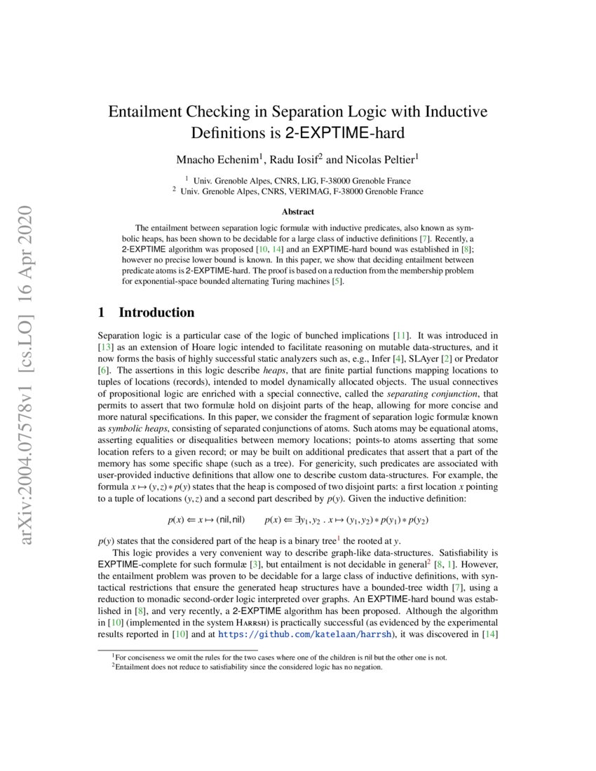 Entailment Checking in Separation Logic with Inductive Definitions is 2-EXPTIME hard | DeepAI