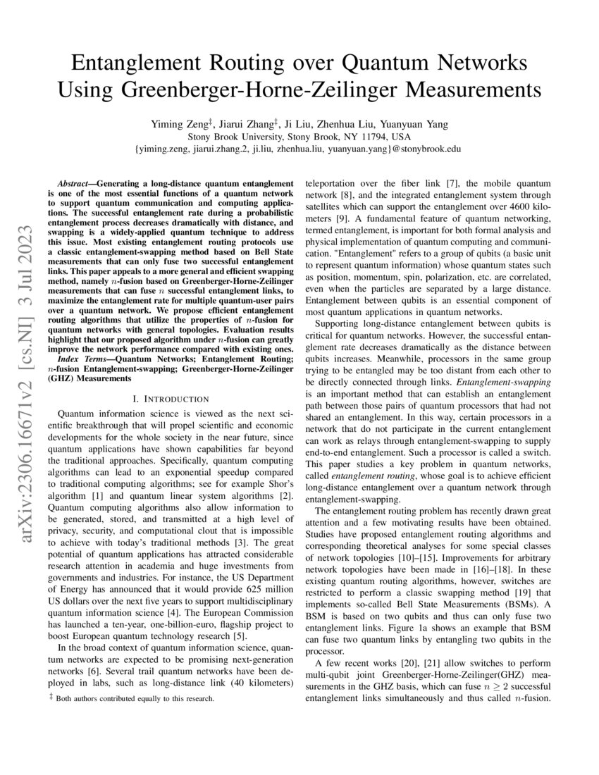 Entanglement Routing over Quantum Networks Using Greenberger-Horne-Zeilinger Measurements | DeepAI