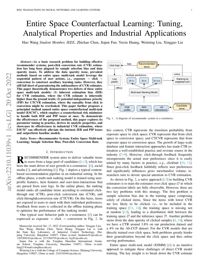 Entire Space Counterfactual Learning: Tuning, Analytical Properties and Industrial Applications ...
