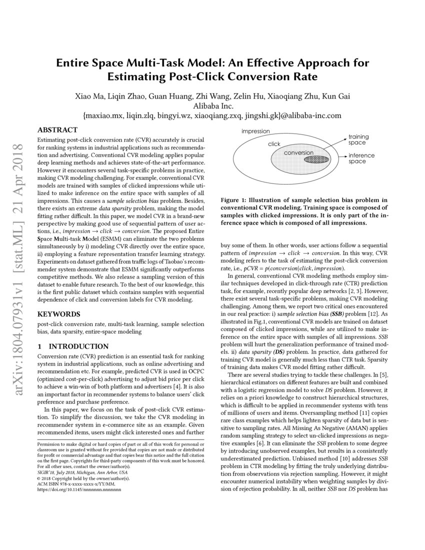 Entire Space Multi Task Model An Effective Approach For Estimating Post Click Conversion Rate