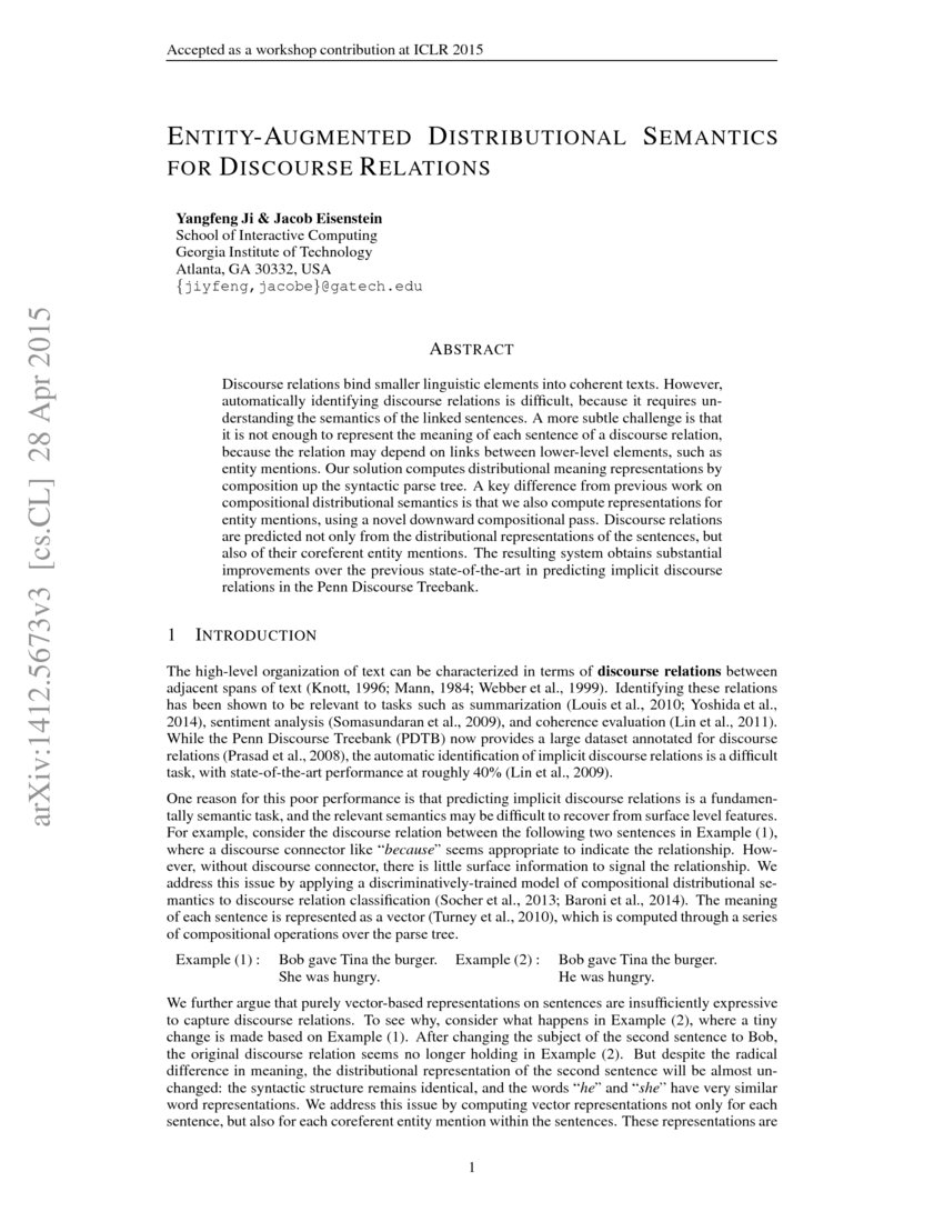 Entity-Augmented Distributional Semantics for Discourse Relations | DeepAI
