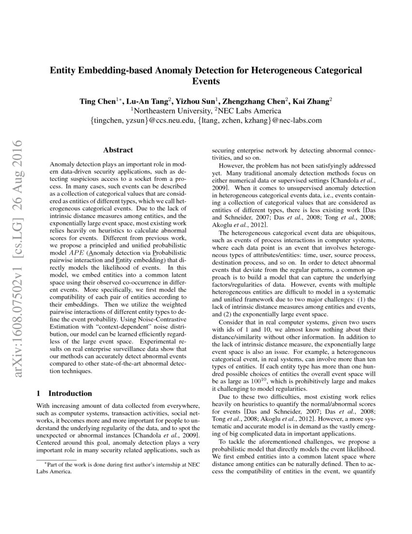 Entity Embedding Based Anomaly Detection For Heterogeneous Categorical