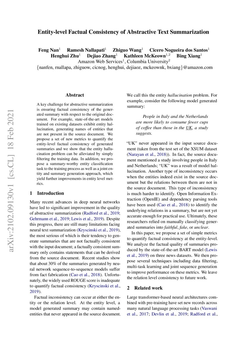 Entity Level Factual Consistency Of Abstractive Text Summarization Deepai
