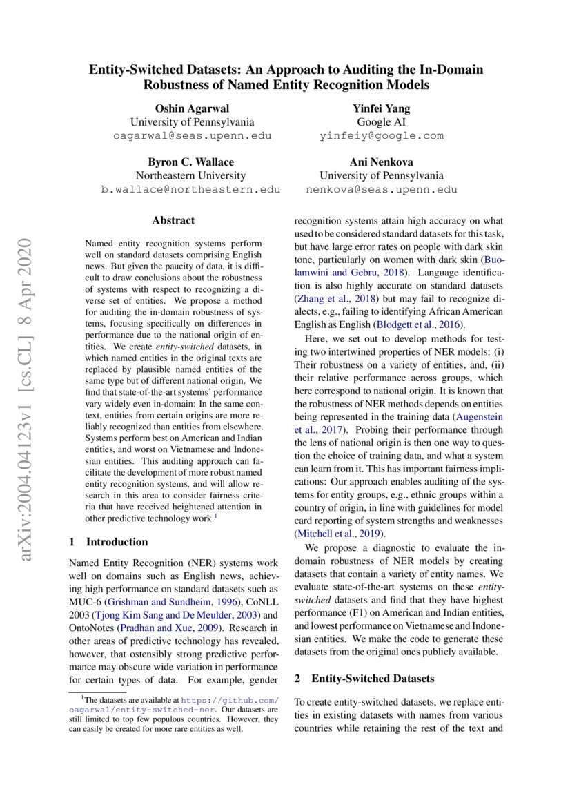 Entity Switched Datasets An Approach To Auditing The In Domain Robustness Of Named Entity
