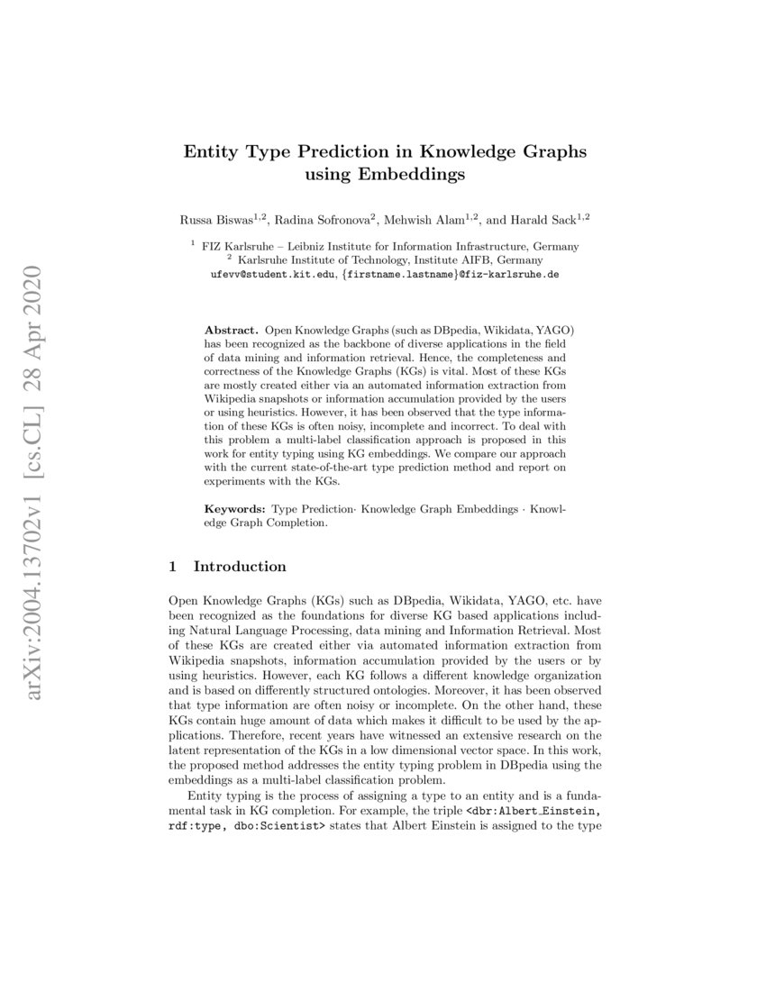Entity Type Prediction In Knowledge Graphs Using Embeddings Deepai 