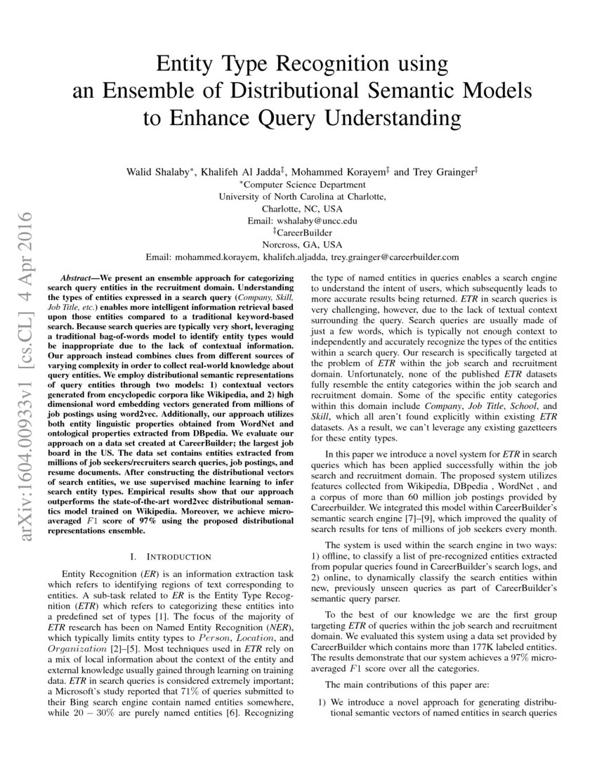 Entity Type Recognition Using An Ensemble Of Distributional Semantic Models To Enhance Query