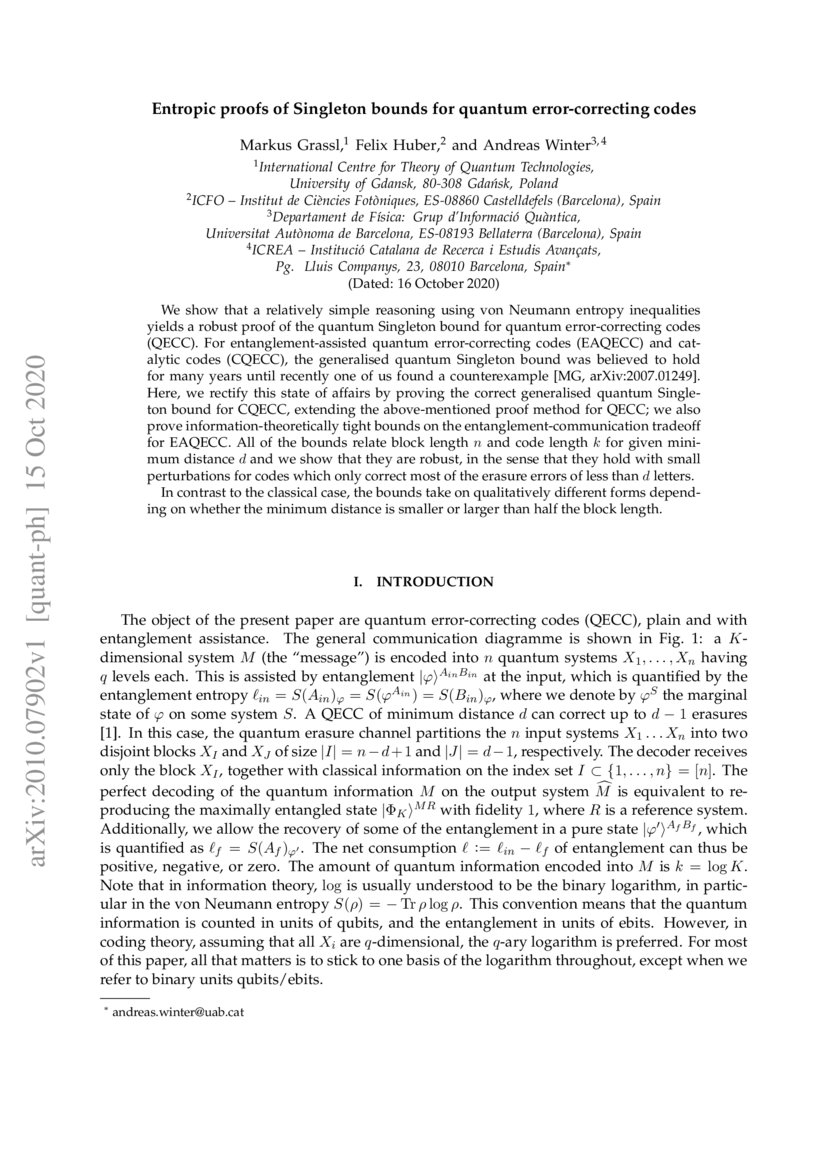 Entropic Proofs Of Singleton Bounds For Quantum Error Correcting Codes Deepai