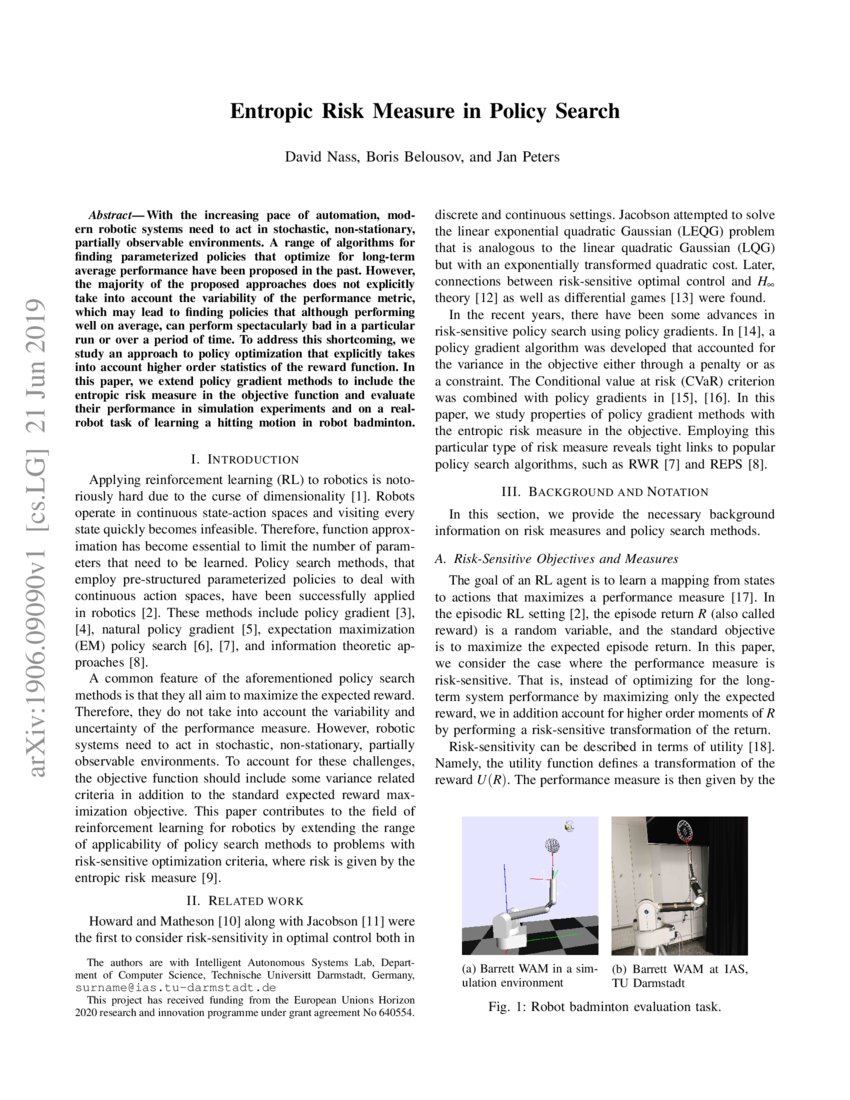 Entropic Risk Measure in Policy Search | DeepAI