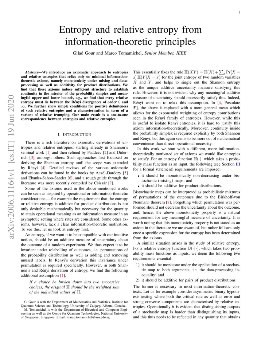 Entropy and relative entropy from information-theoretic principles | DeepAI